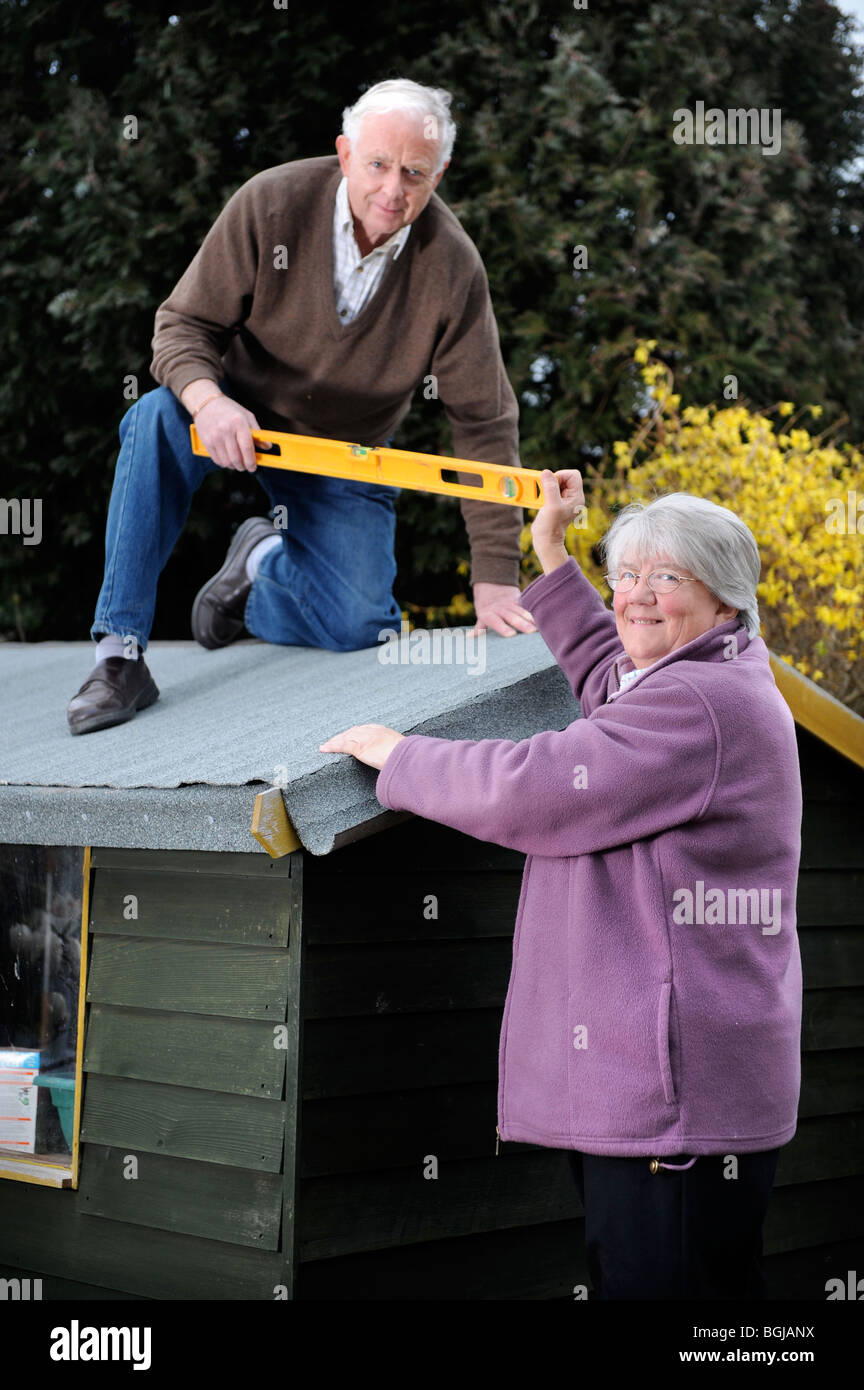 Two retired people re-felting a shed roof UK Stock Photo - Alamy