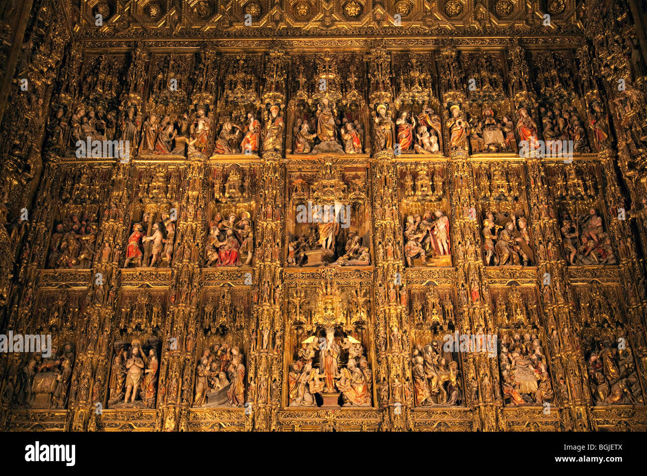 Carved and painted retablo, Capilla Mayor, Seville Cathedral, Spain ...