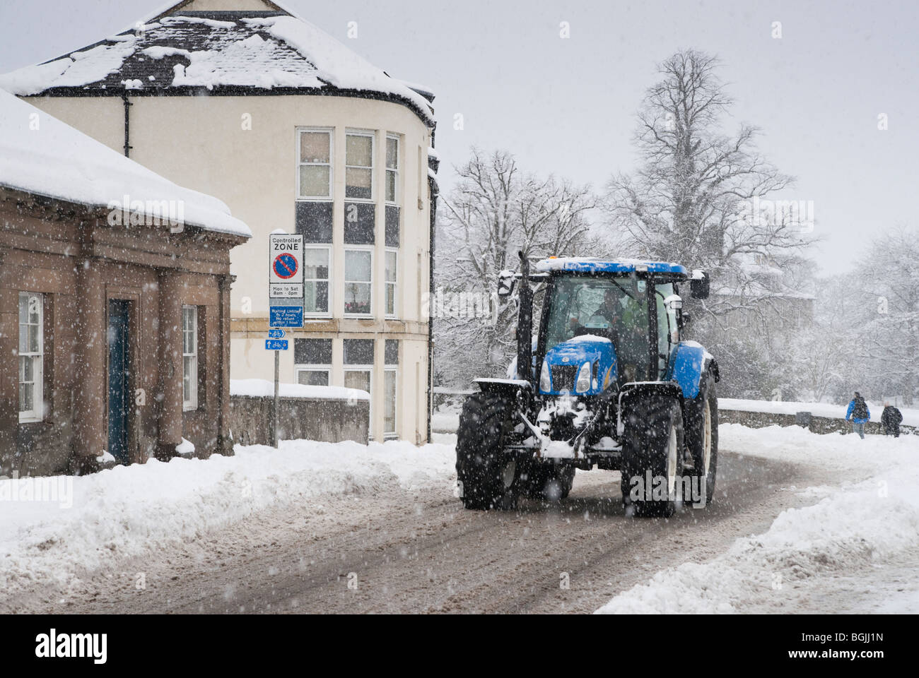 Kelso Scotland in winter snow - tractor from local farm out to help ...