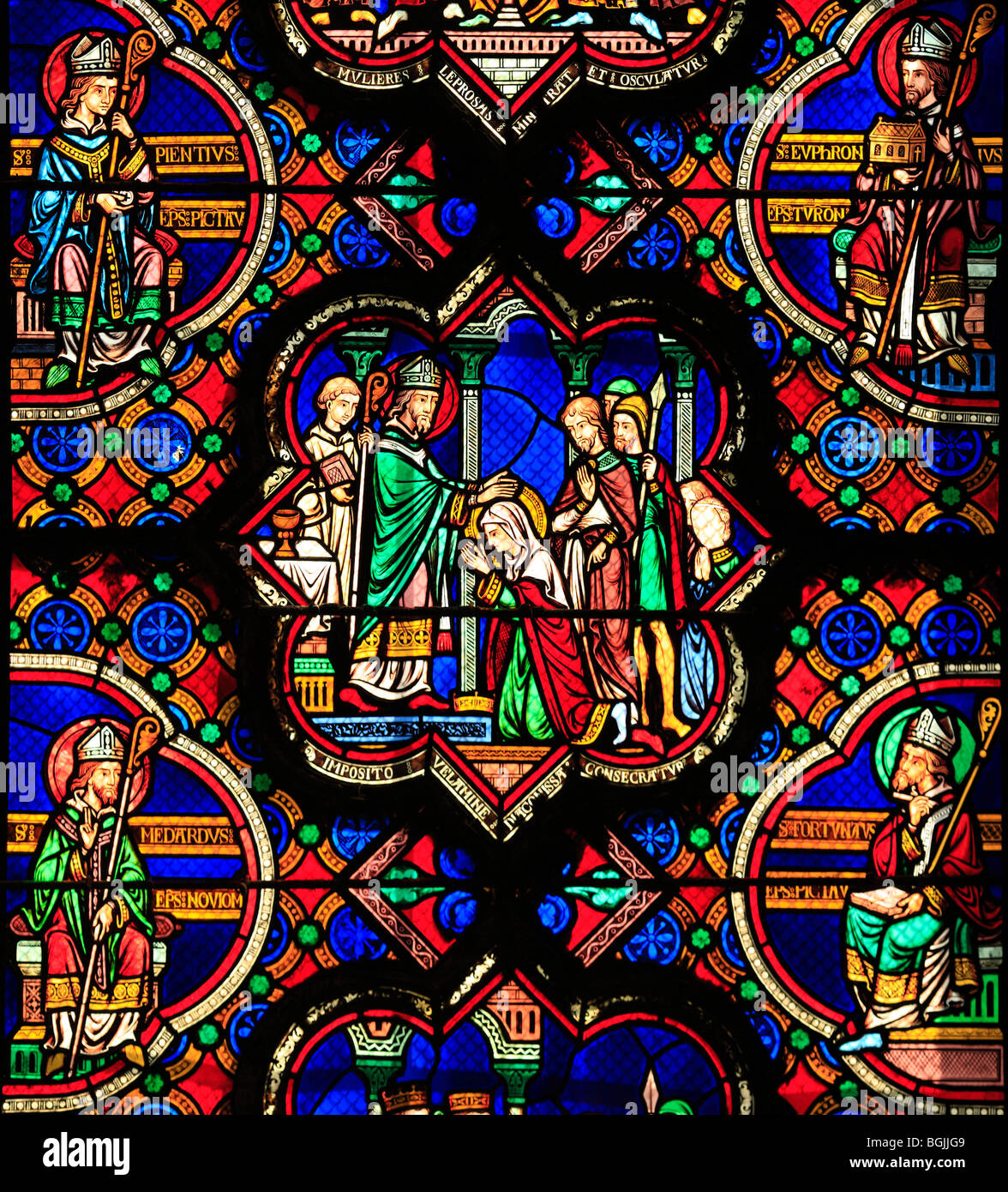 Romanesque coloured stained window, Glass painting in the church Sainte ...