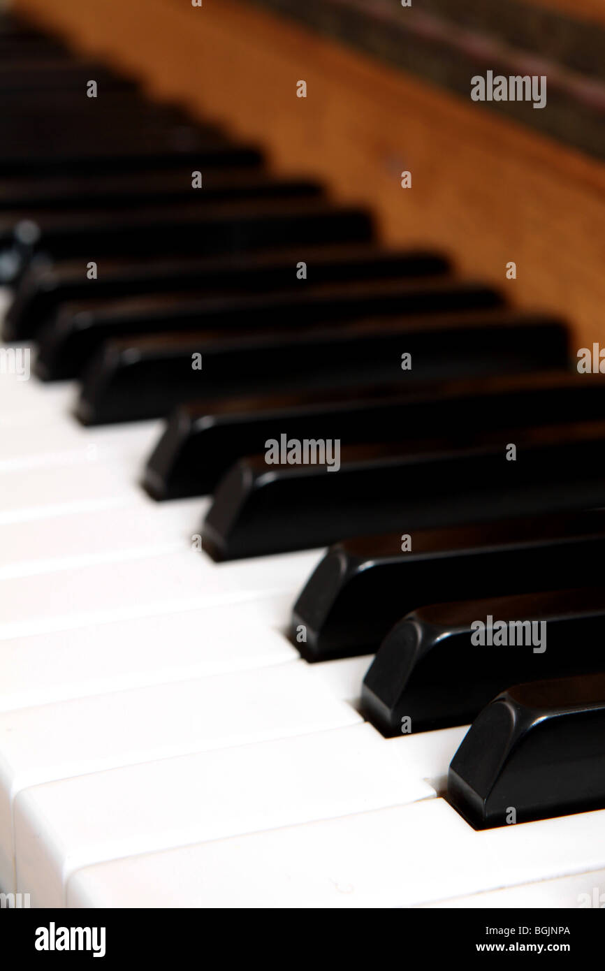 detail of black and white piano keys in upright portrait format. A ...