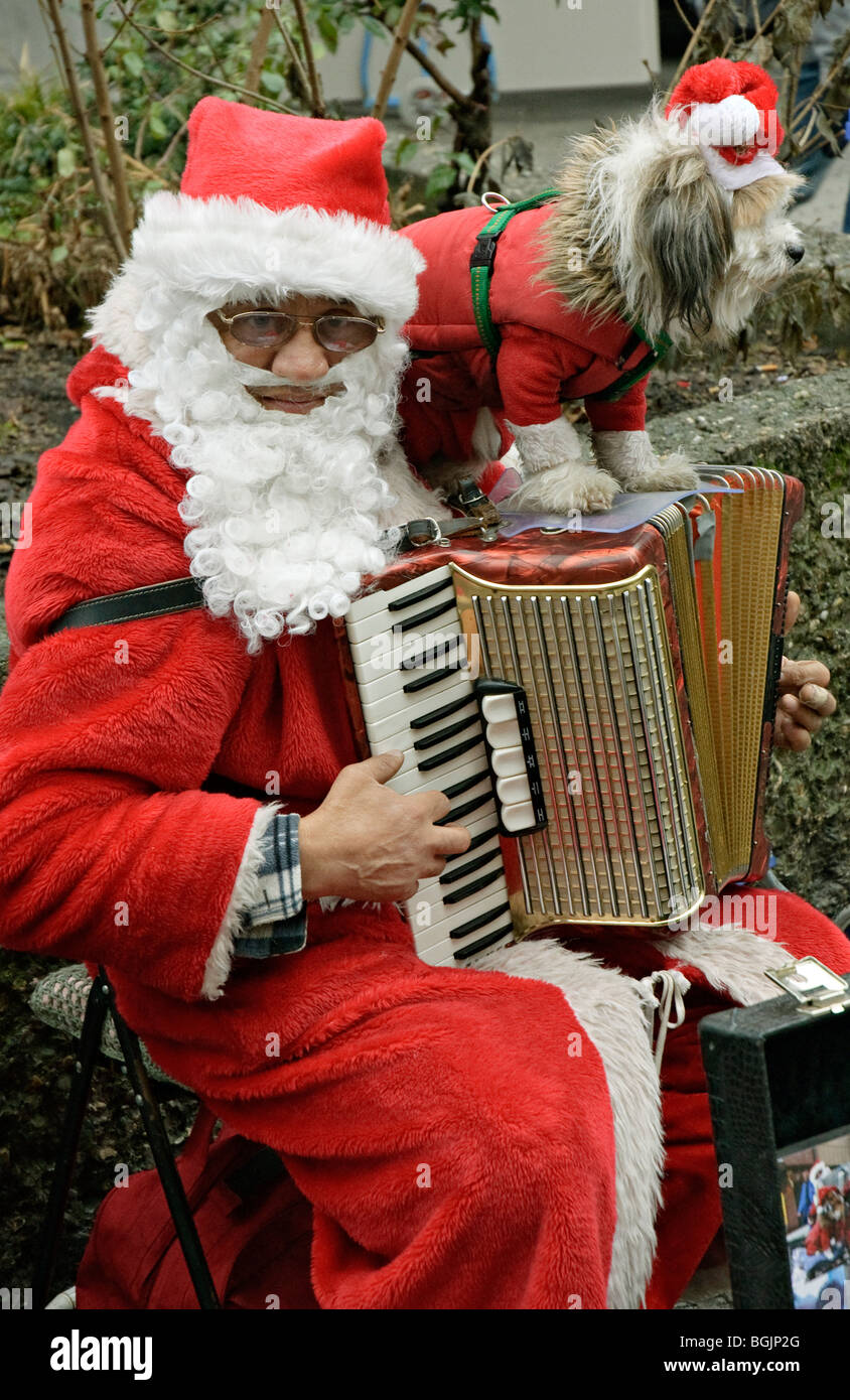 Busker dressed as Santa and playing Accordion with dog, Nuremberg ...