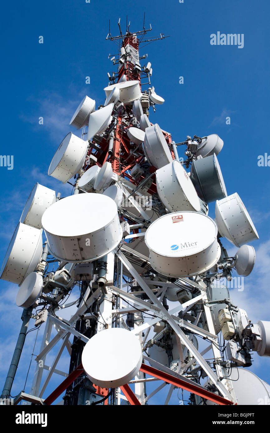 communication tower with parabolic antennas located near terrassa Stock Photo - Alamy
