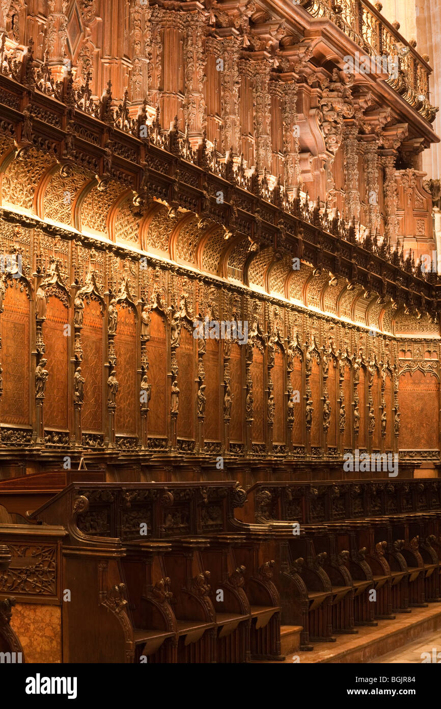 carved wooden Gothic choir stalls, Seville Cathedral, Andalusia, Spain ...