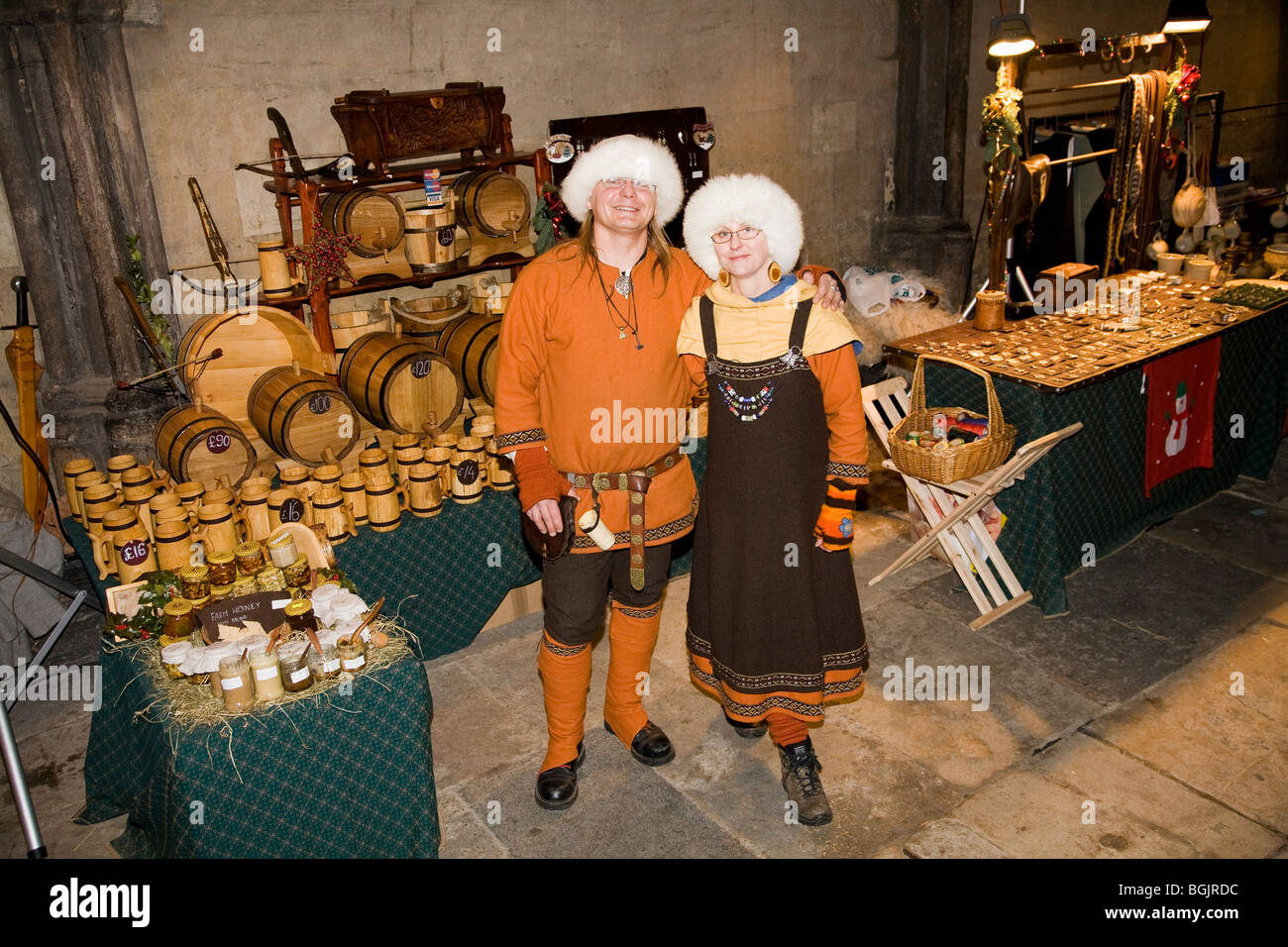 Polish market traders with their stall of authentic Viking beer barrels ...