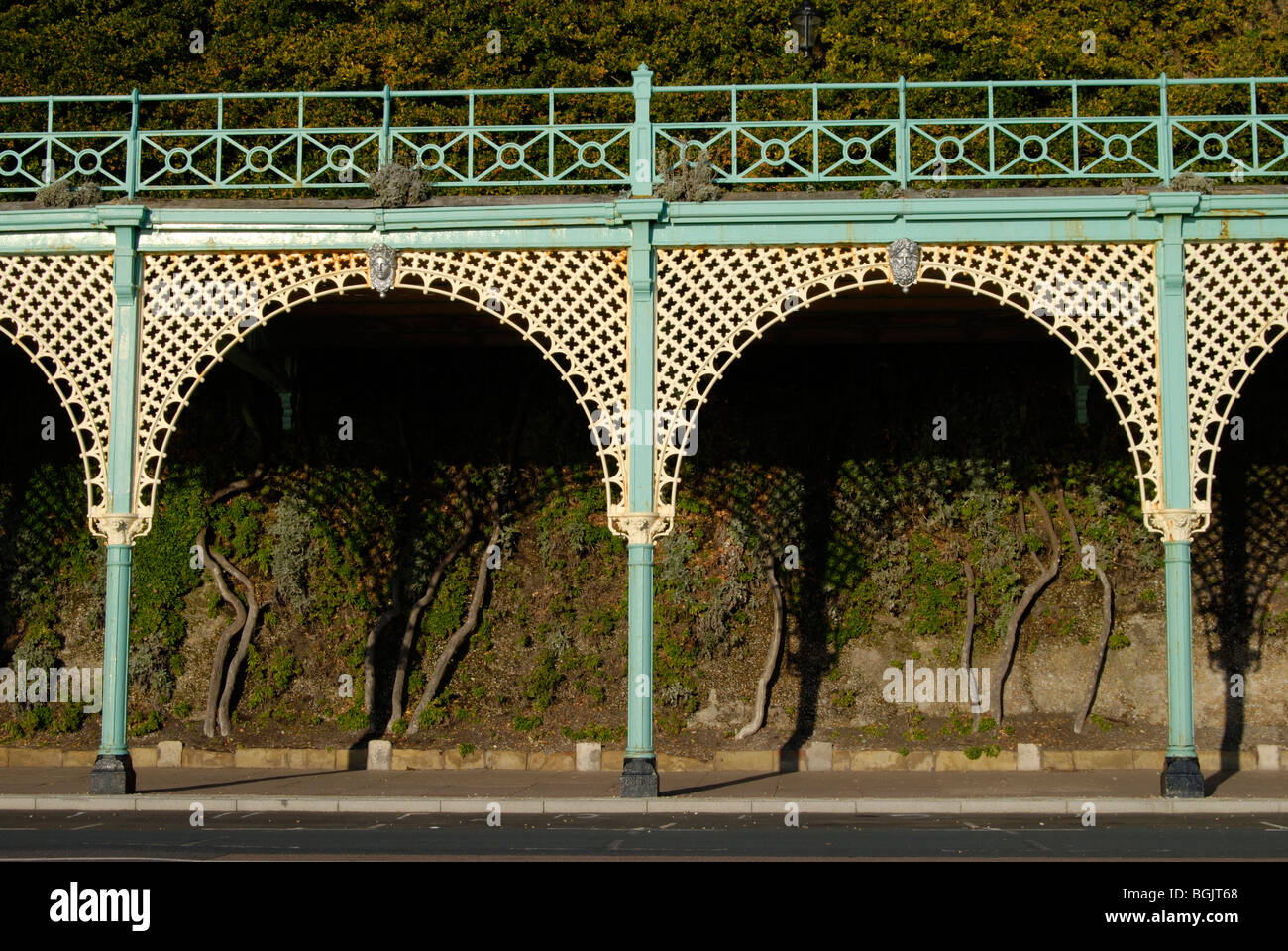 Wrought iron covered promenade along seafront of Madeira Drive ...
