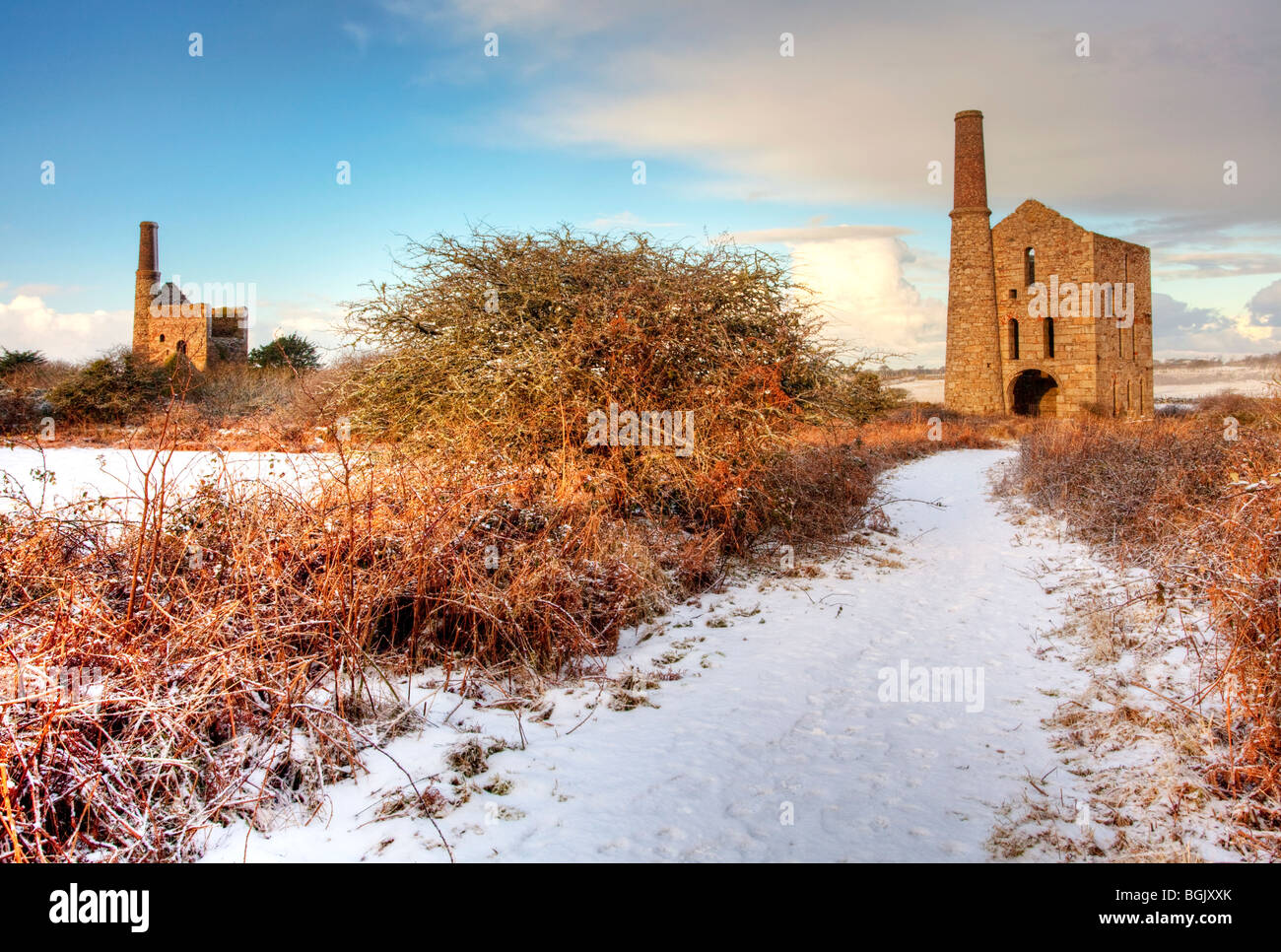 Pascoes Engine House in the snow, Great Flat Load, Cornwall England ...