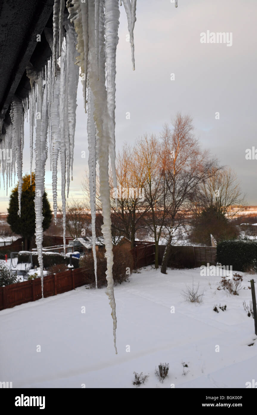 frozen icicles hanging from roof cold snow covered winter day Britain's ...