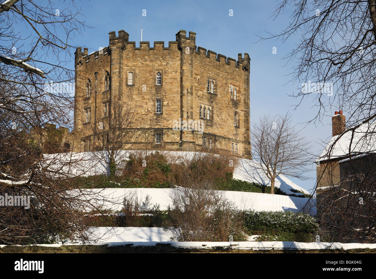 Durham Castle or Keep seen from the Palace Green in wintry conditions ...