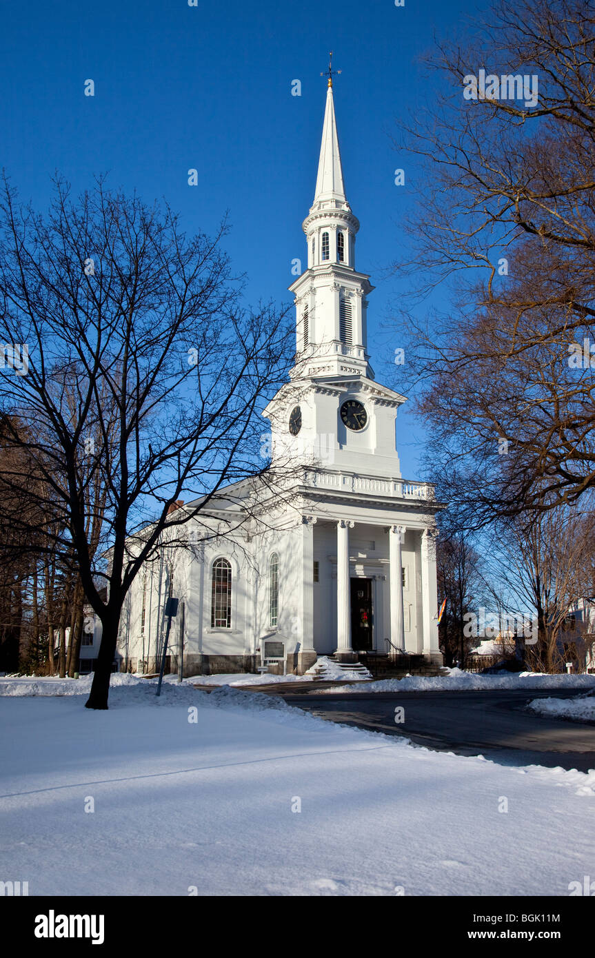 Winter view of First Congregational Church, Lexington Massachusetts USA ...