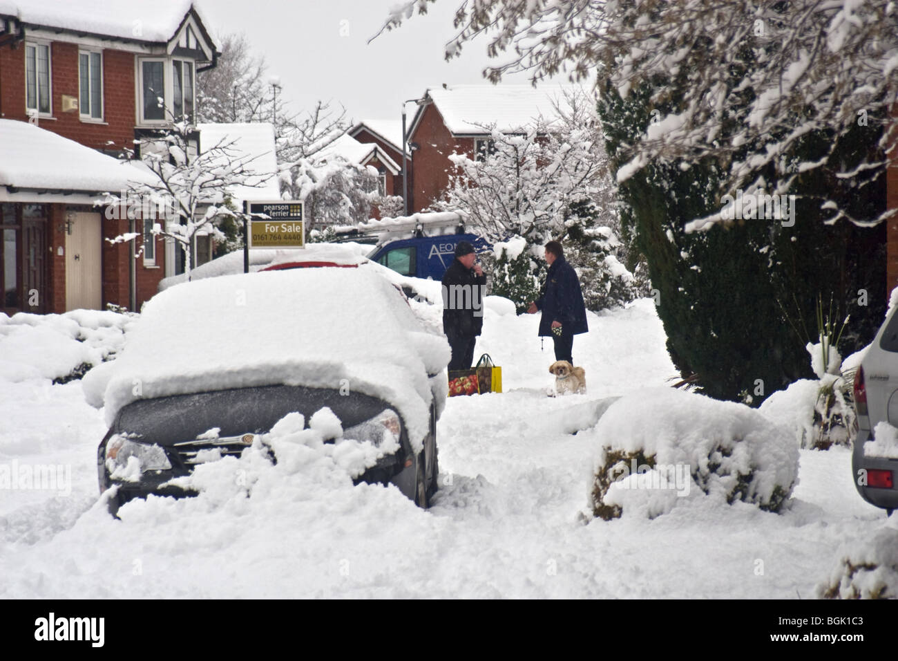 Heavy snowfall on residential street, Unsworth, Bury, Greater ...