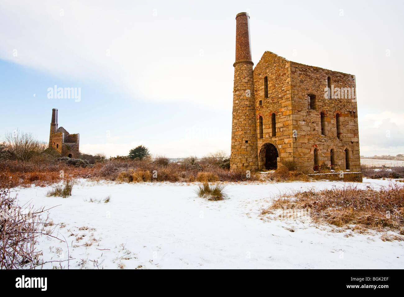 Pascoes Engine House in the snow, Great Flat Load, Cornwall England ...