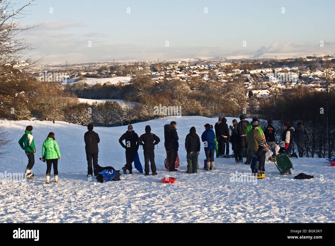 Snow and sledging (and snowboarding), Heaton Park, Manchester, UK Stock ...