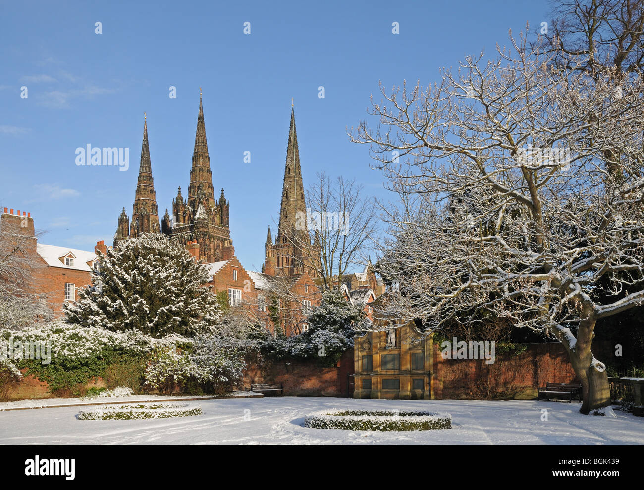 Three spires Cathedral seen from War Memorial Garden of Remembrance on ...