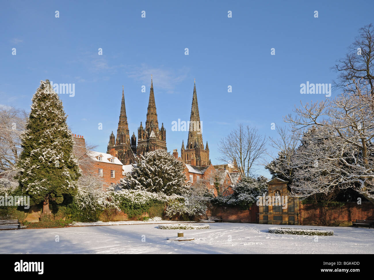 Three spires Cathedral seen from War Memorial Garden of Remembrance on ...