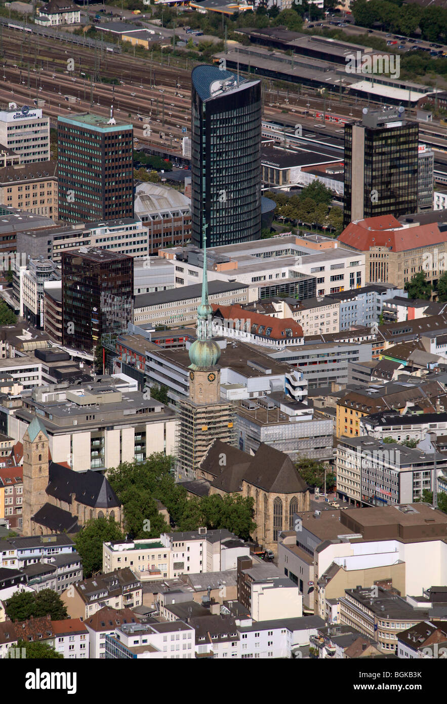 Aerial view, high rise-buildings, RWE Tower, Reinoldikirche church ...
