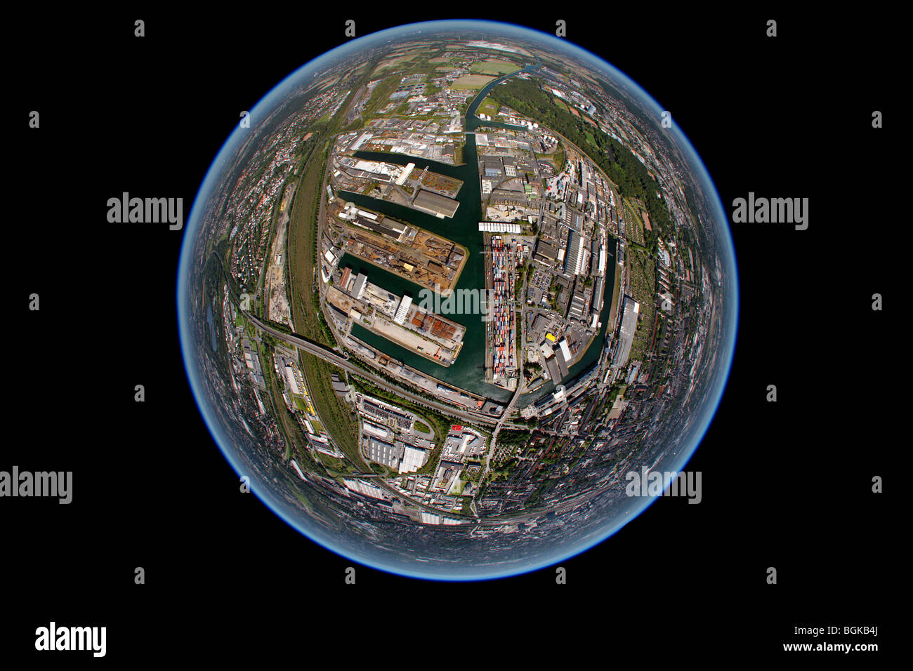 Aerial view, fisheye, Dortmund-Ems Canal, container terminal, inland ...