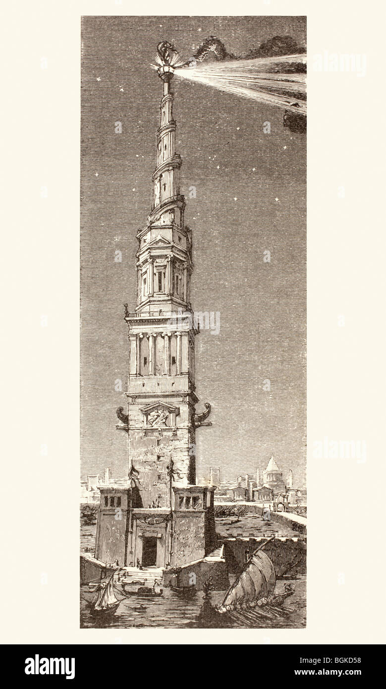 The Lighthouse on Pharos island, Alexandria, Egypt, after a fanciful ...