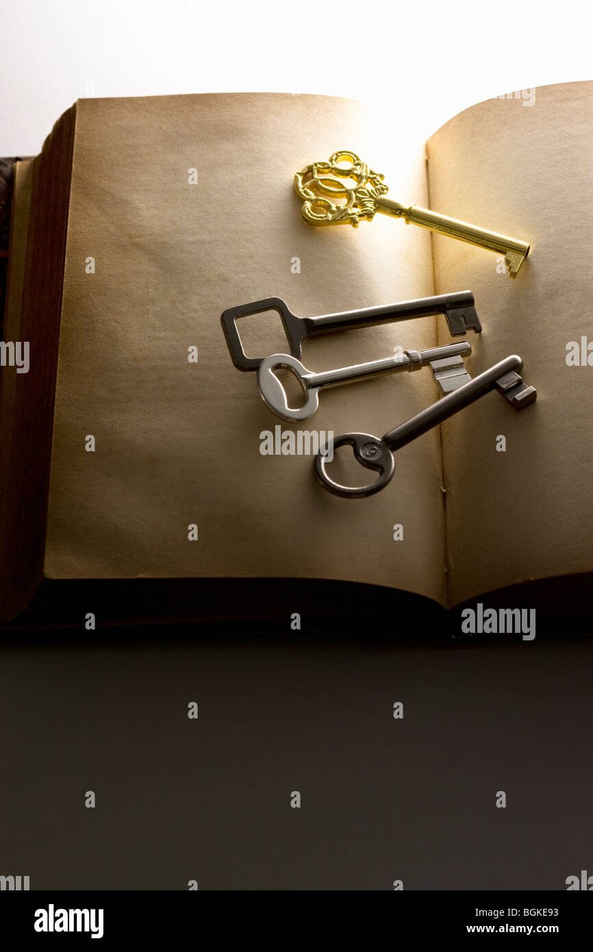 Gold and silver keys on antique book Stock Photo - Alamy
