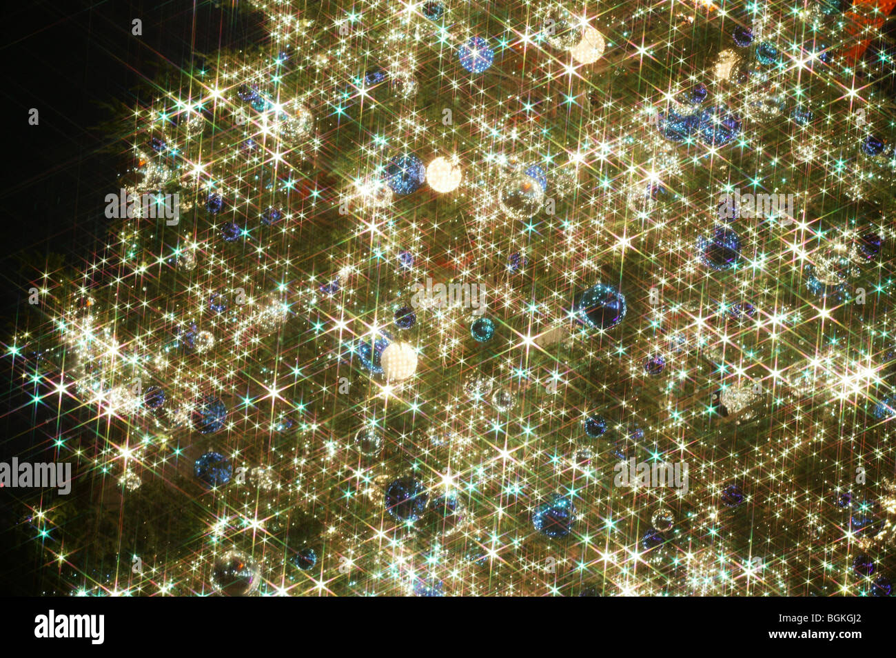Illuminated Christmas tree black background lens flare long exposure ...