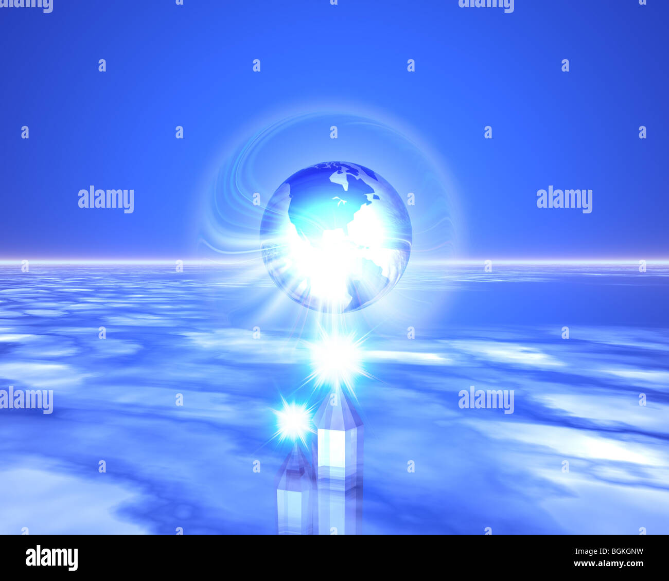 Image of the earth and buildings connected by network lights computer ...