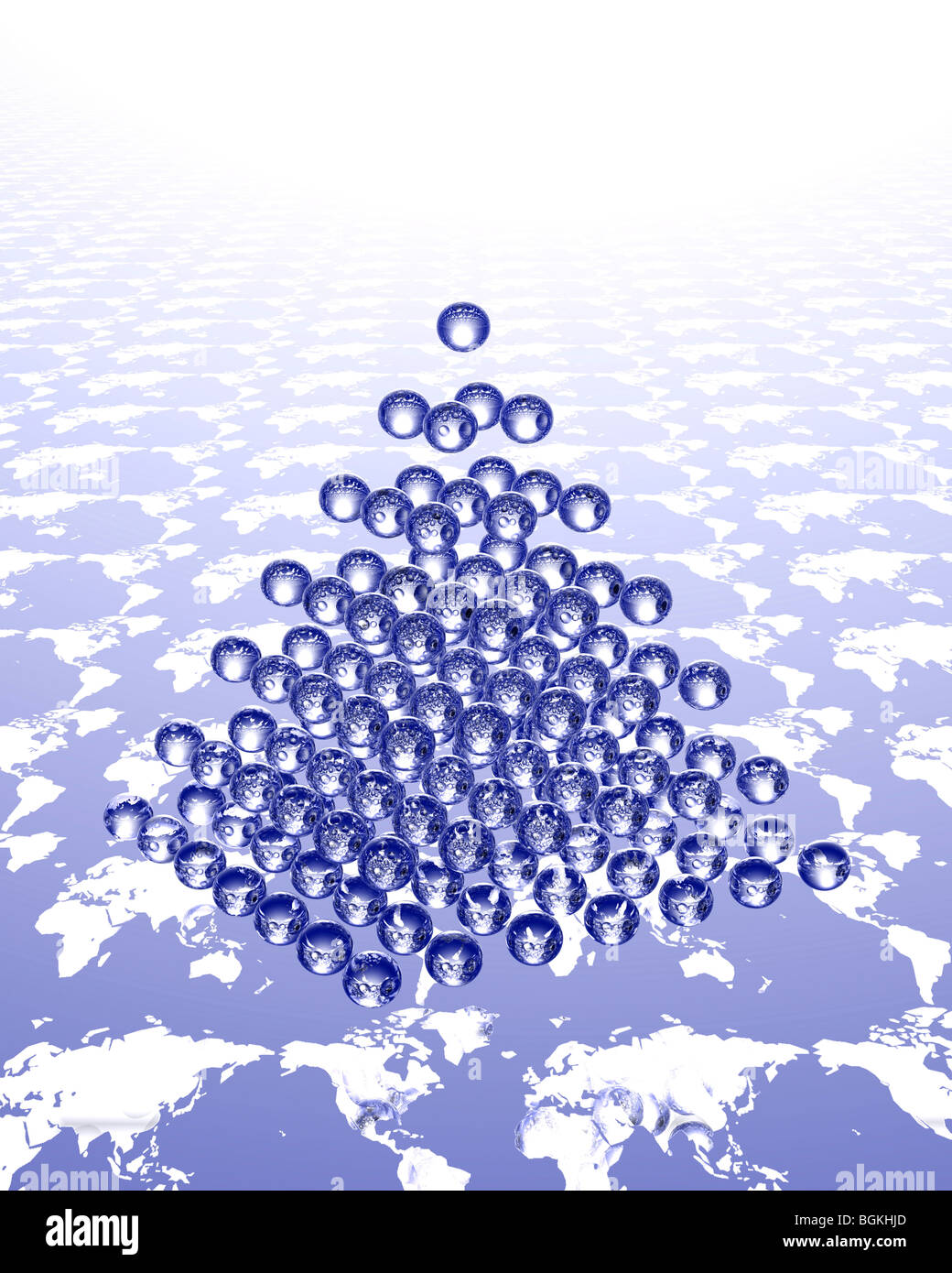 Spheres forming a pyramid on a pattern of world maps Stock Photo - Alamy