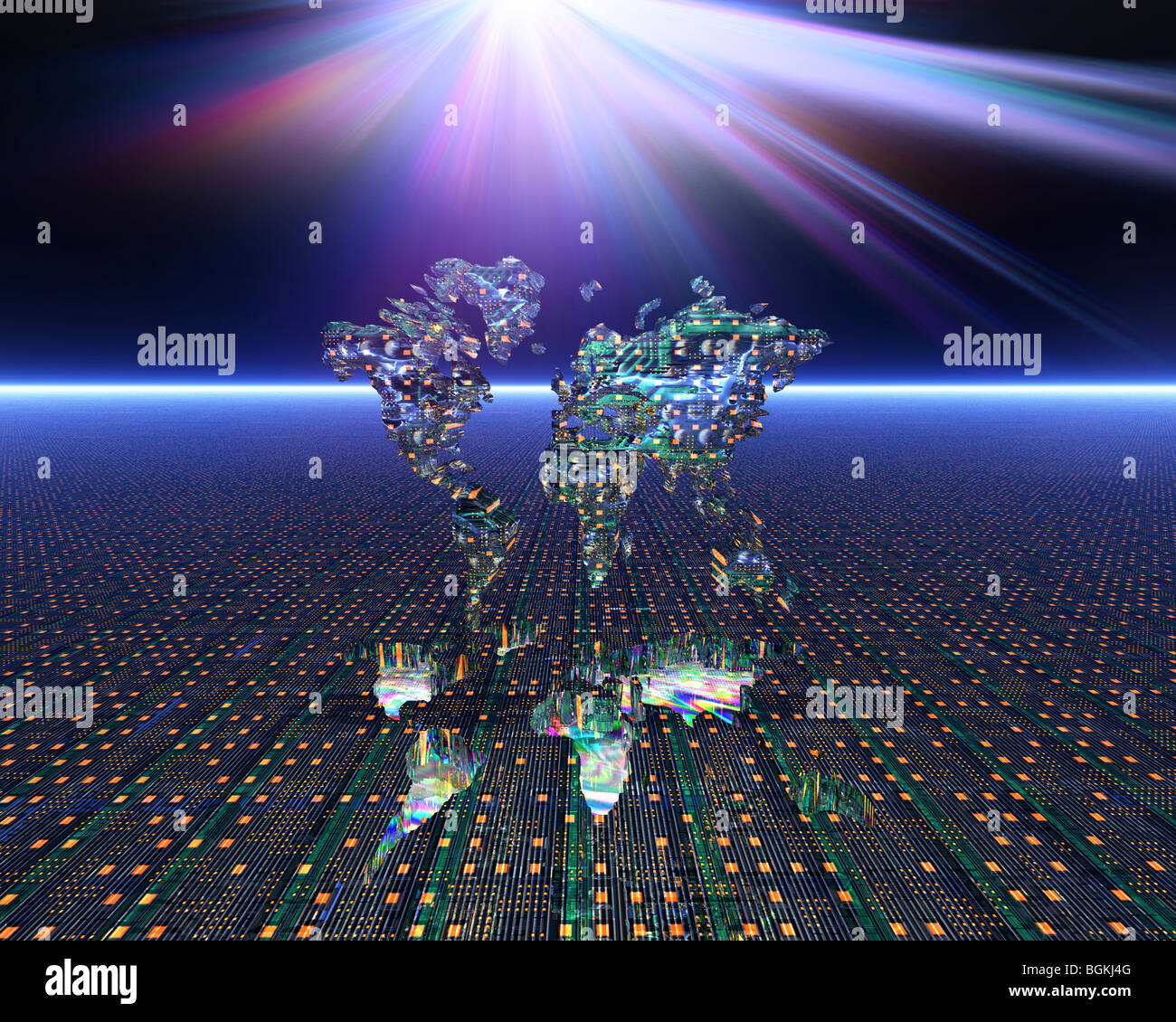 World map and light beams over a circuit board Stock Photo - Alamy