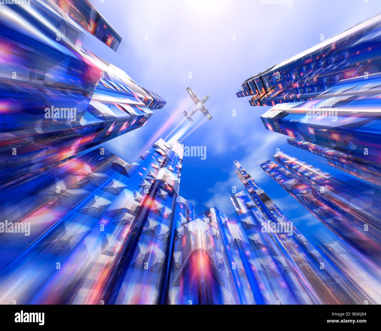 Plane flying over futuristic city buildings Stock Photo - Alamy