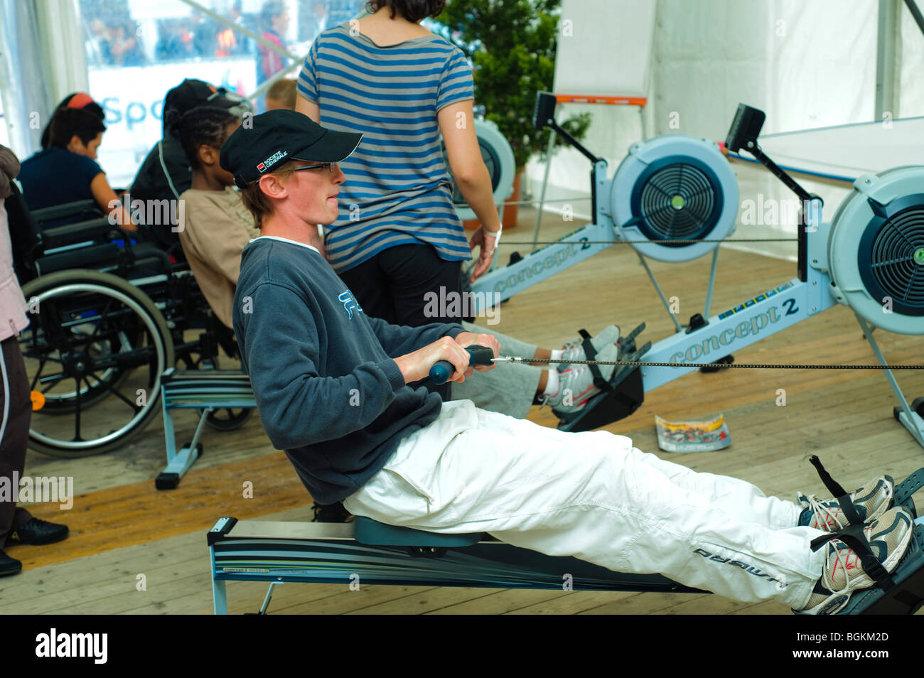 Paris, FRANCE - French Handicapped Sports, Boy on Rowing Machine ...