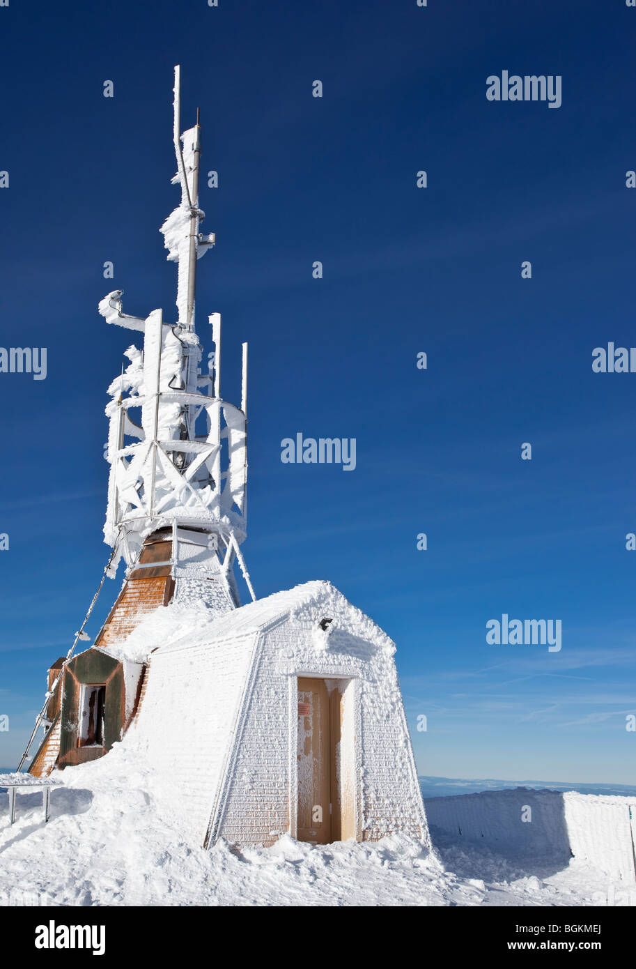 Frozen communication devices on top of the Säntis, highest peak of ...