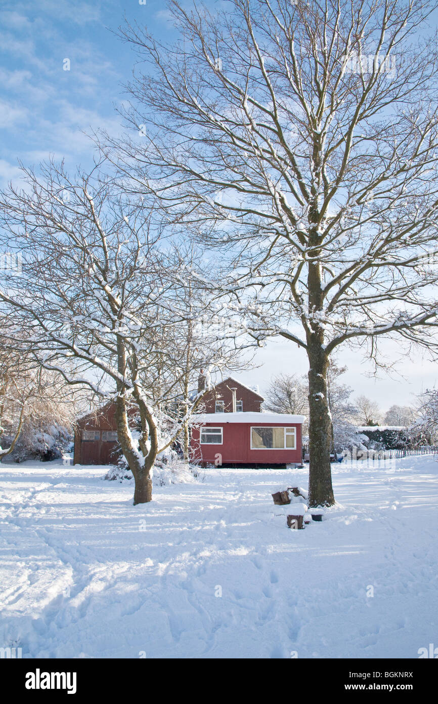 Mobile home or static caravan in the snow Hampshire England Stock Photo ...