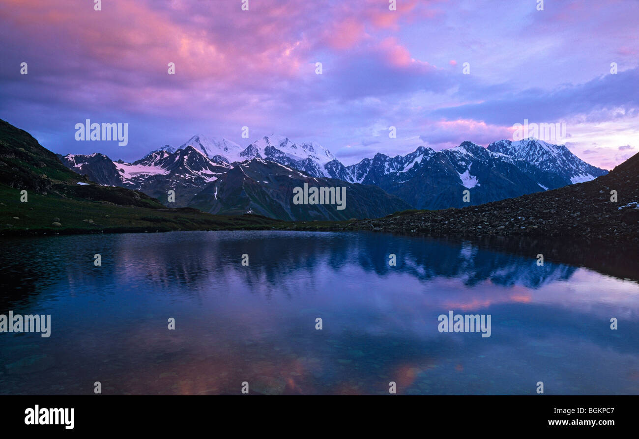 Lake of Equilibrium and Mount Belukha during sunrise. The Altai ...