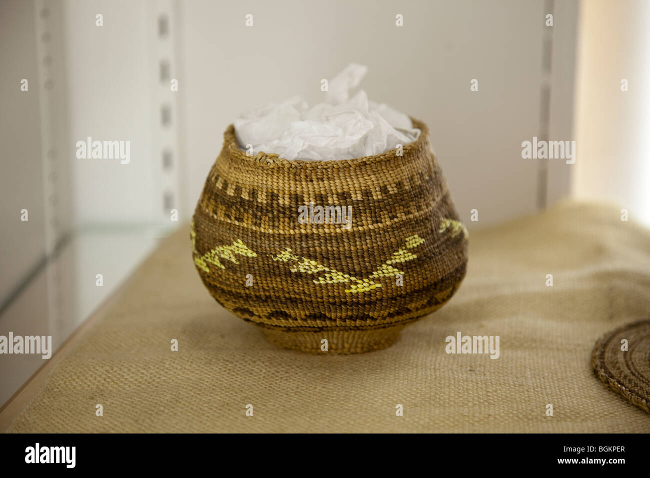 Traditional Klamath basket made from plant fibers woven with designs ...