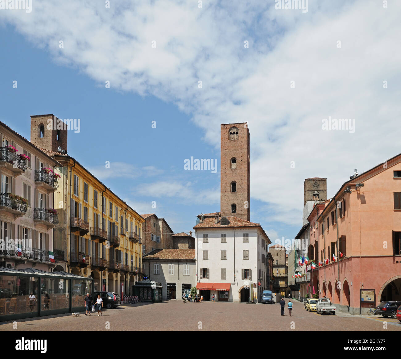 Piazza del Risorgimento with medieval towers or torre Sineo Bonino and ...