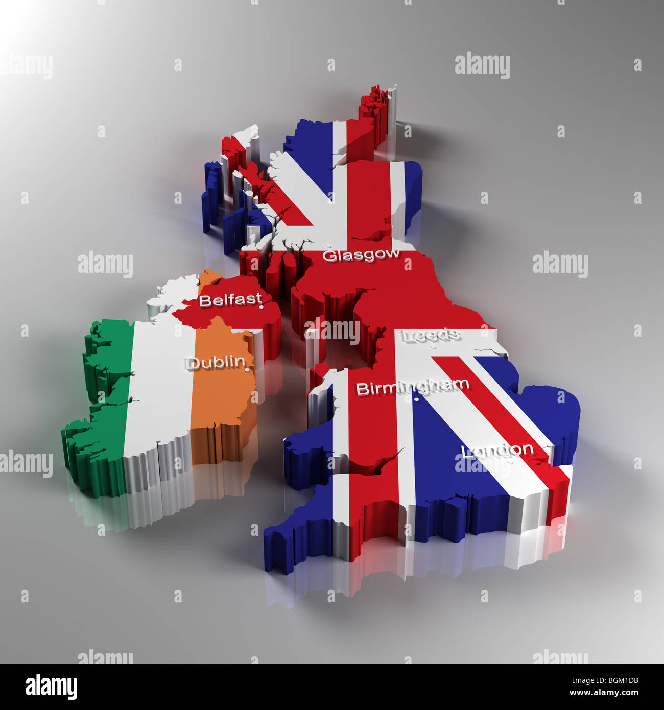 3D Map of the United Kingdom and the Republic of Ireland Stock Photo ...