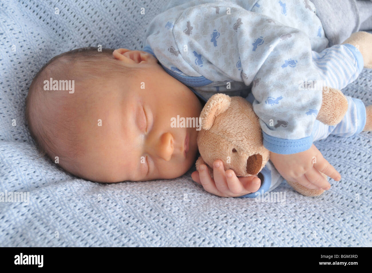 Newborn baby sleeping hugging his toy Stock Photo - Alamy
