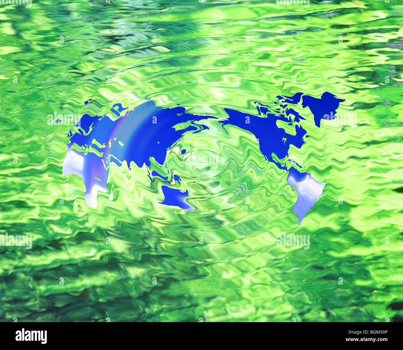 Blue world map in green rippled water Stock Photo - Alamy
