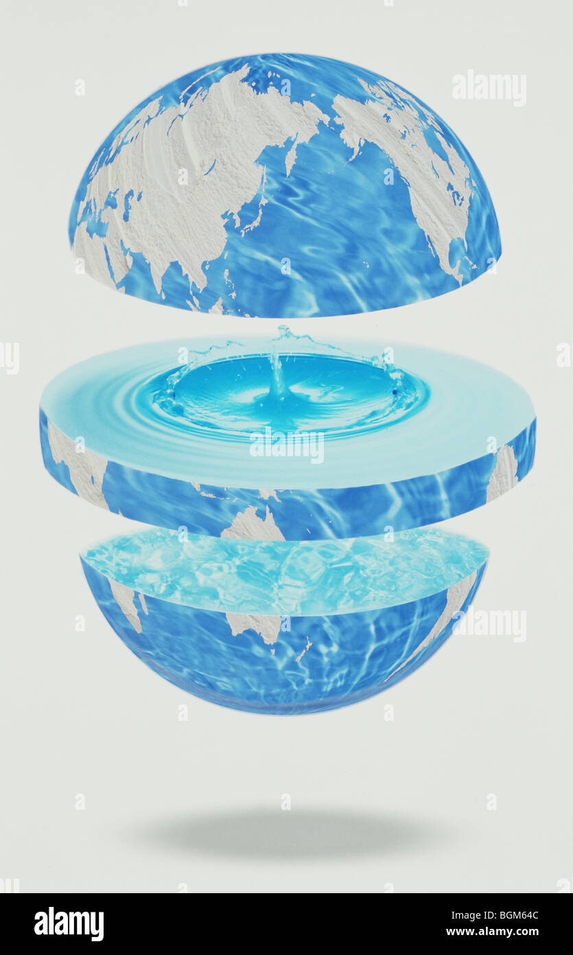 Globe divided into three parts with water inside Stock Photo - Alamy