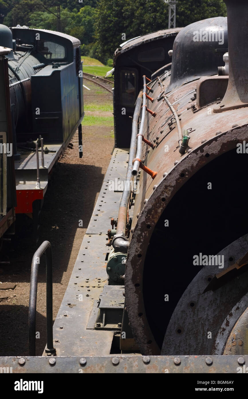 Two old and derelict steam locomotives side by side. Foreground focus ...