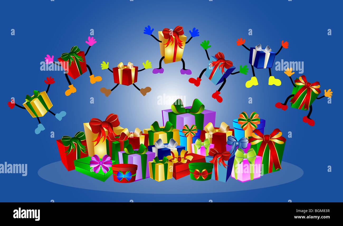 jumping presents and colorful gift boxes Stock Photo - Alamy