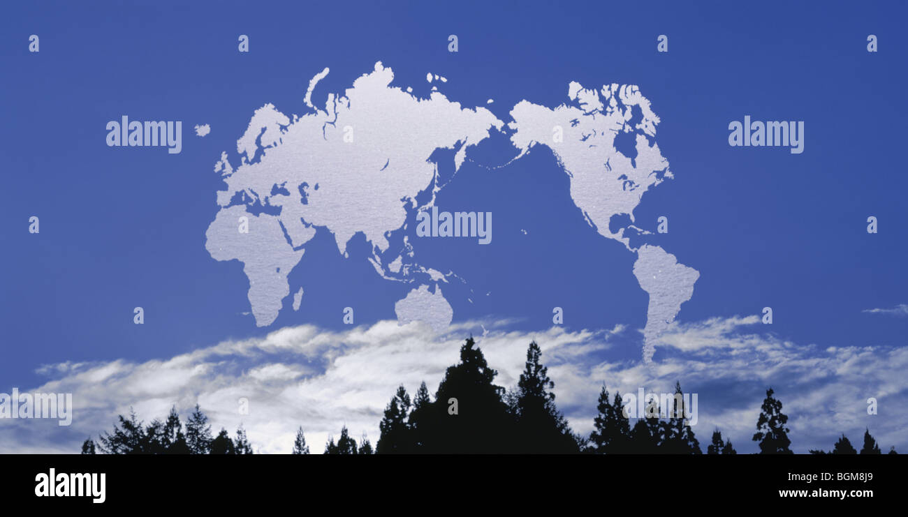 Map of earth over clouds and trees Stock Photo - Alamy
