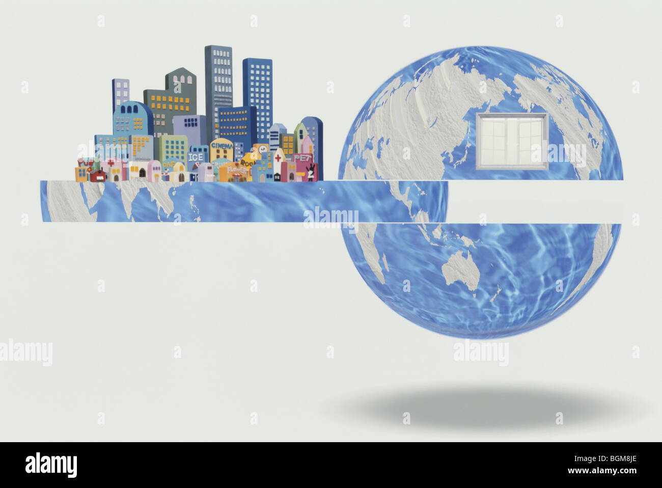 Section of earth with city on it being removed Stock Photo - Alamy