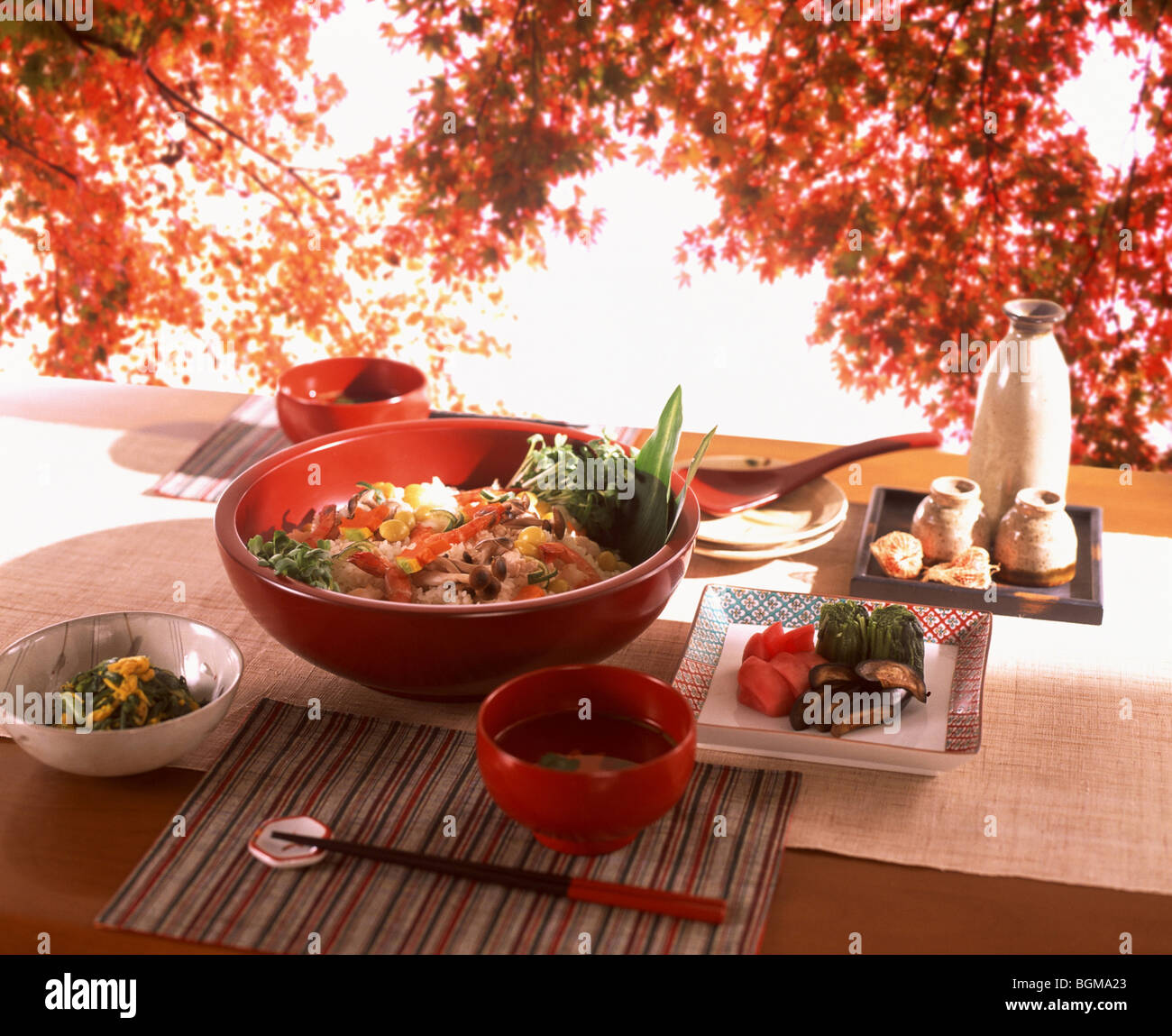 Japanese meal on outdoor table under Autumn leaves Stock Photo - Alamy
