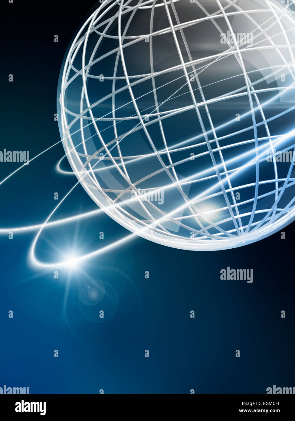 Illuminated sphere grid with orbiting rings Stock Photo - Alamy