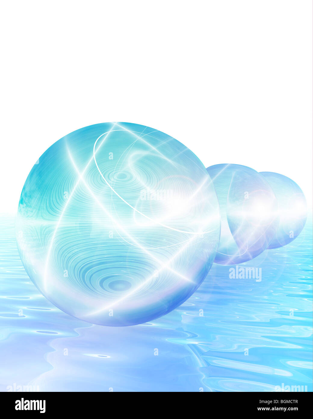 Shining blue spheres floating over water Stock Photo - Alamy