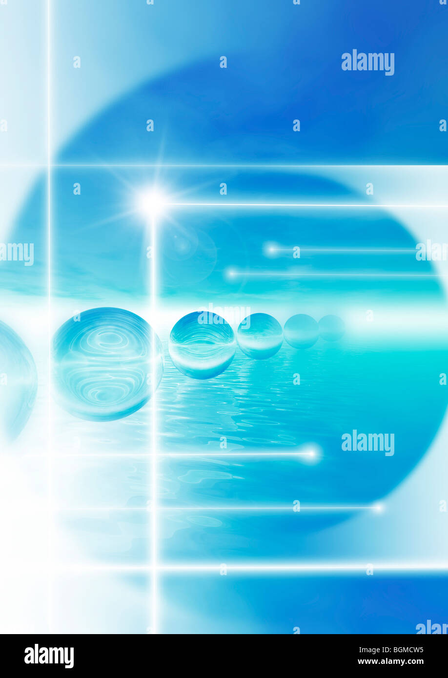Blue spheres hovering over water Stock Photo - Alamy