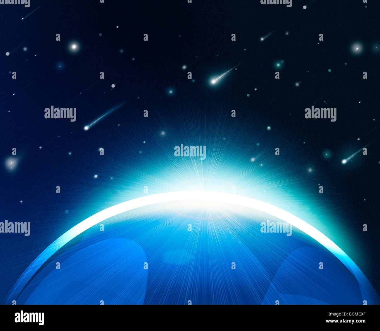 Abstract view of a meteor shower above a planet Stock Photo - Alamy