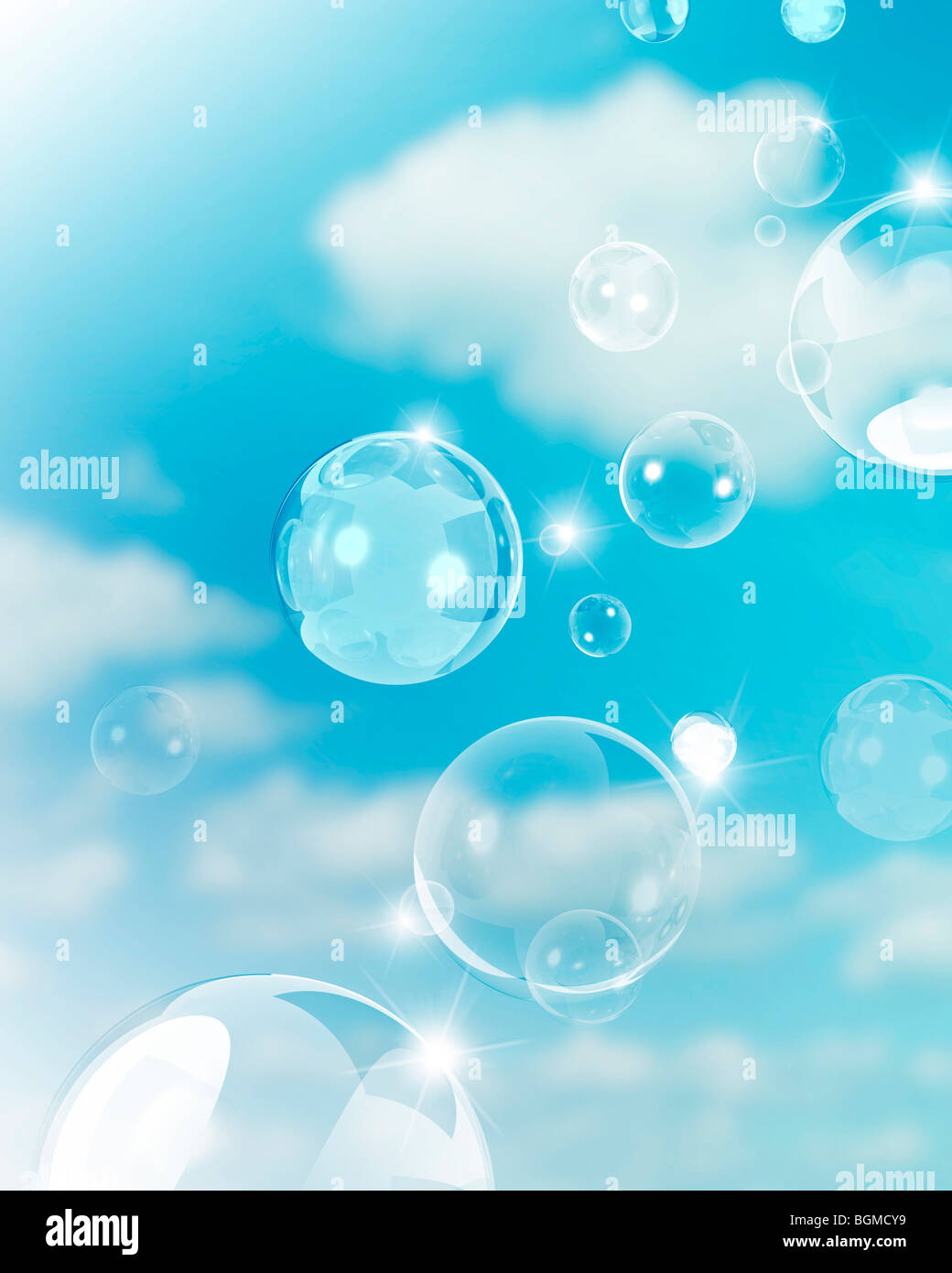 Abstract image of reflective bubbles floating among clouds Stock Photo ...