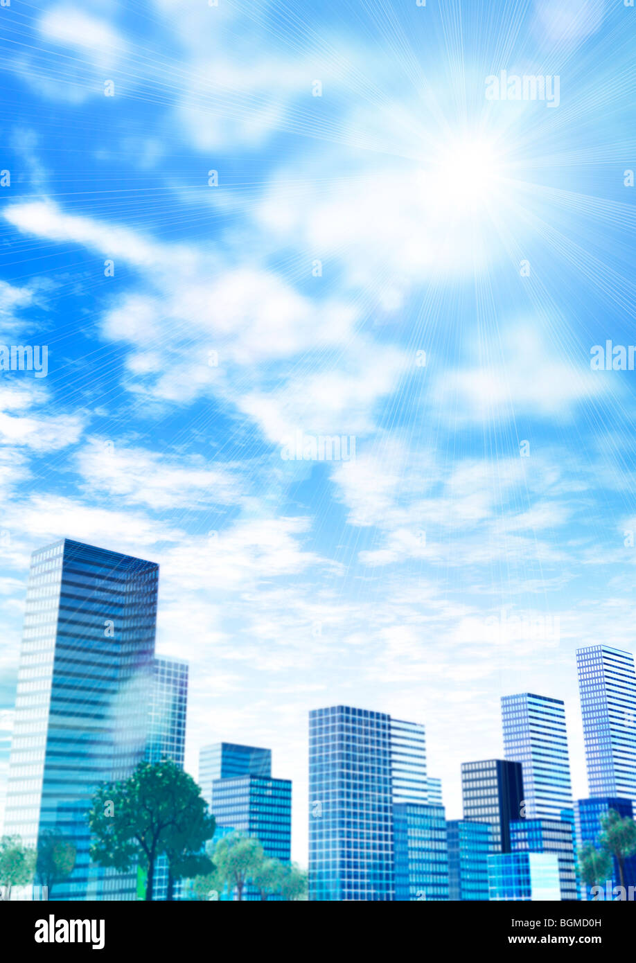 Distant view of skyscrapers with bright sun Stock Photo - Alamy