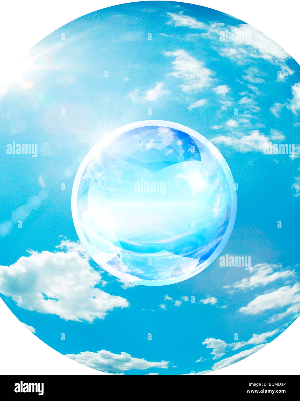 Abstract image of a reflective sphere floating among clouds Stock Photo ...